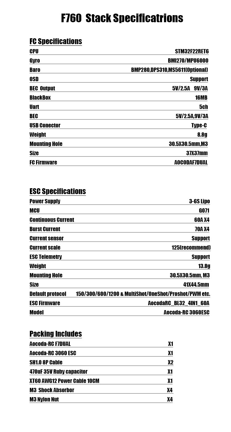 Aocoda-RC F760 Stack F722 V1 FC 3060BL32 60A 4 in 1ESC 30x30mm 3-6S for ...